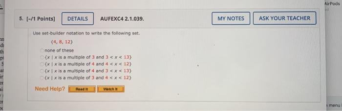 Solved AirPods 5. [-/1 Points) DETAILS AUFEXC4 2.1.039. MY | Chegg.com