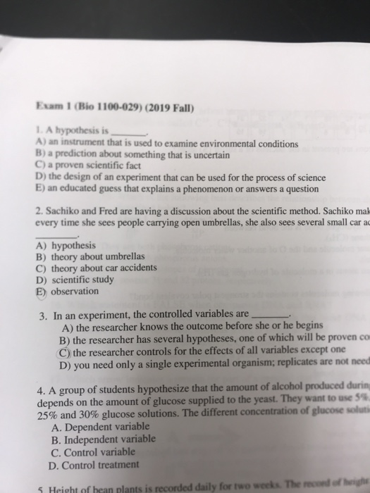 Solved Exam 1 (Bio 1100-029) (2019 Fall) 1.A hypothesis is | Chegg.com Solved Exam 1 (Bio 1100-029) (2019 Fall) 1.A hypothesis is | Chegg.com