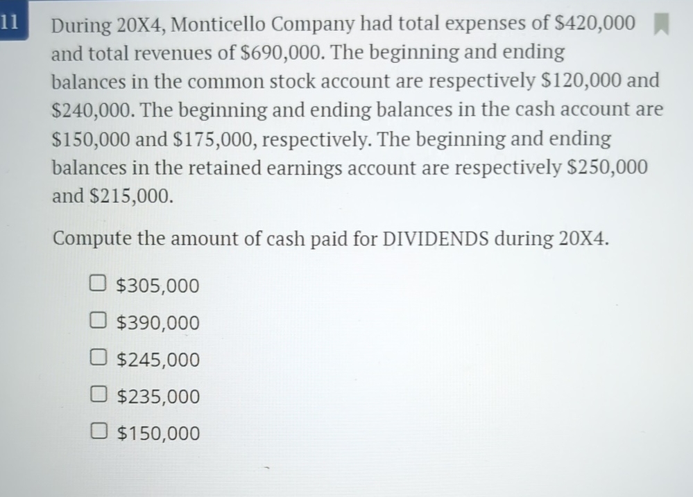 Solved 11 ﻿During 20X4, ﻿Monticello Company had total | Chegg.com