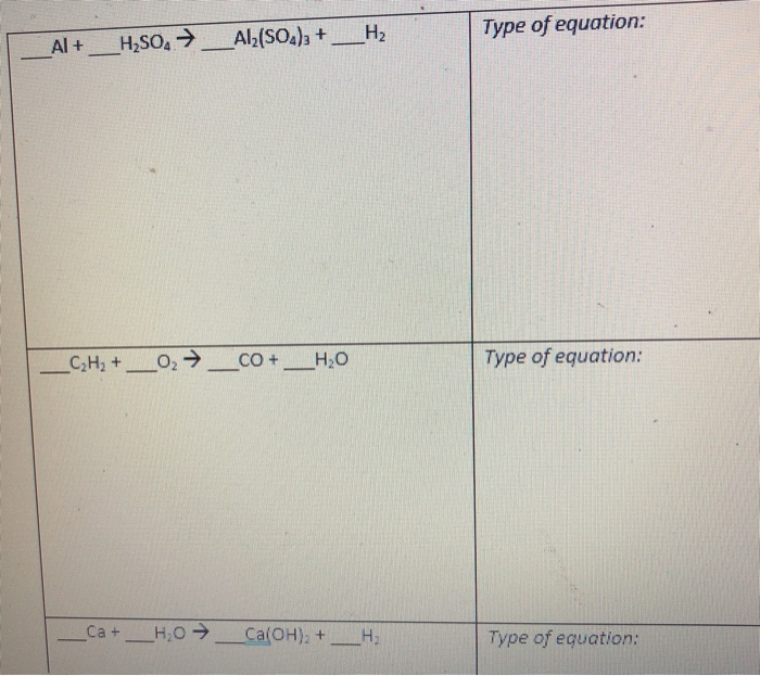 Solved Al + H2SO4 → Type of equation: Al2(SO4)3 + _H _C2H2 + | Chegg.com