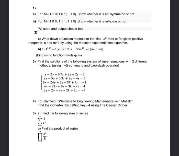 Solved 1) a) For M=[110;101;010].Show whether it is | Chegg.com