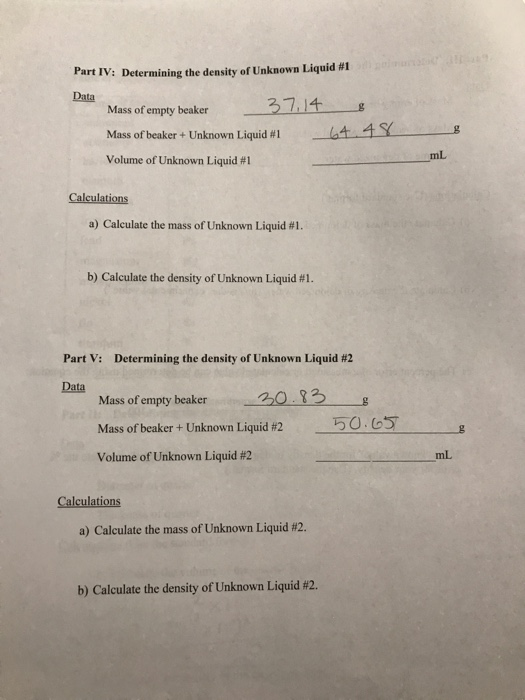 Solved Part IV: Determining the density of Unknown Liquid #1 | Chegg.com