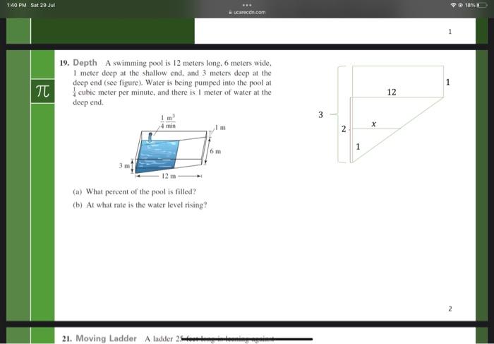 Solved 19. Depth A swimming pool is 12 meters long, 6 meters | Chegg.com