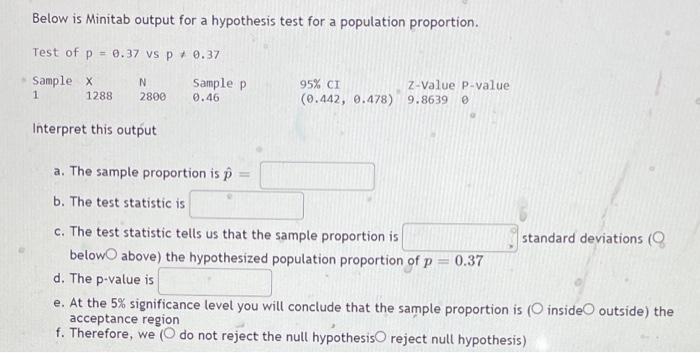 Solved Below is Minitab output for a hypothesis test for a | Chegg.com