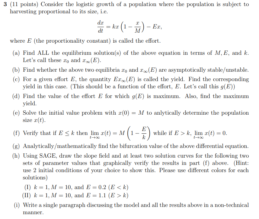 Solved 3 (11 ﻿points) ﻿Consider the logistic growth of a | Chegg.com