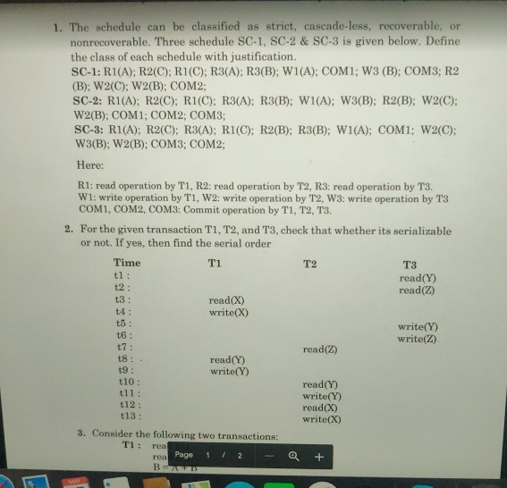 Solved 1. The schedule can be classified as strict, | Chegg.com
