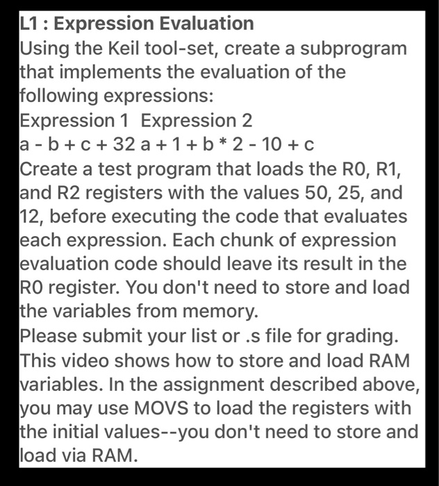 L1 : Expression Evaluation Using the Keil tool-set, | Chegg.com