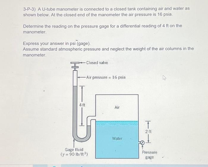 Solved 3-P-3) A U-tube manometer is connected to a closed | Chegg.com