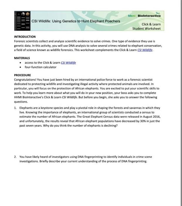 Hhmi BioInteractive CSI Wildlife Using Genetics To Chegg