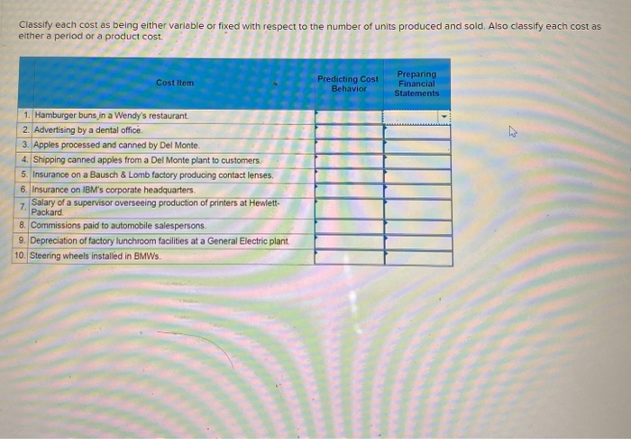 Solved Classify each cost as being either variable or fixed | Chegg.com