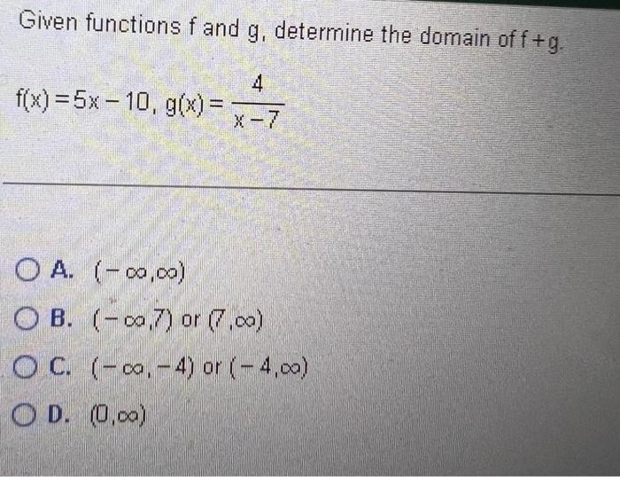 Solved Given functions f and g, determine the domain of f+g. | Chegg.com