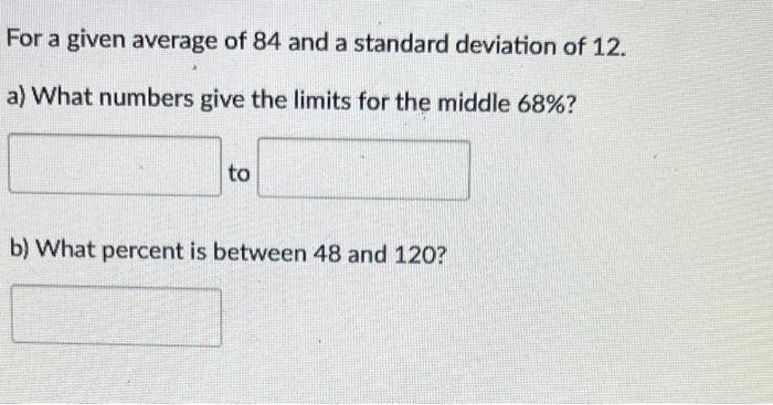 Solved For a given average of 84 and a standard deviation of | Chegg.com