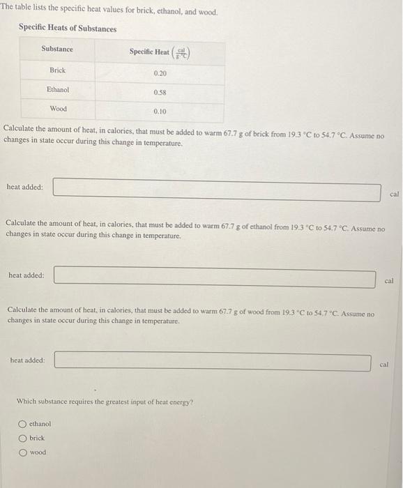 Solved The table lists the specific heat values for brick, | Chegg.com