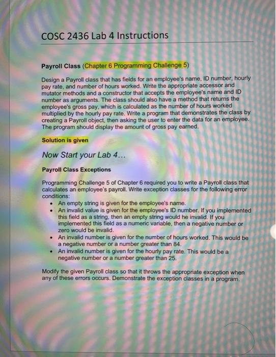 Solved COSC 2436 Lab 4 Instructions Payroll Class (Chapter 6 | Chegg.com
