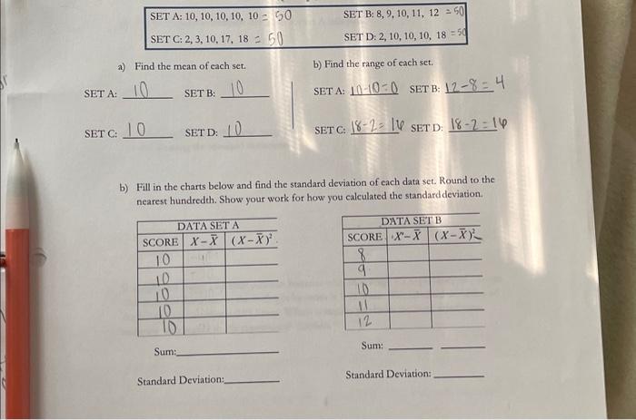 Solved SET A: 10,10,10,10,10=50 SET B: 8,9,10,11,12=50 SET | Chegg.com