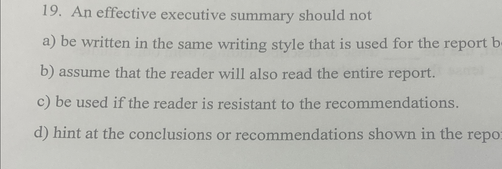 Solved An effective executive summary should nota) ﻿be | Chegg.com