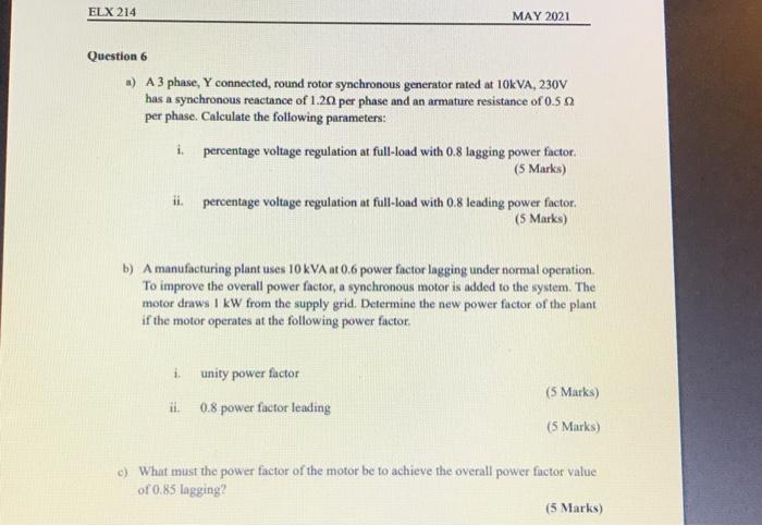 Solved ELX 214 MAY 2021 Question 6 .) A 3 phase, y | Chegg.com