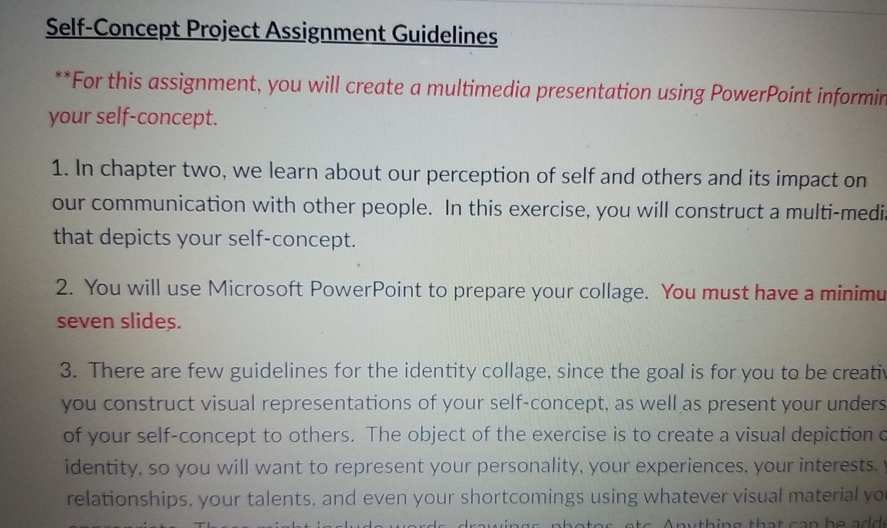 Self-Concept Project Assignment Guidelines **For this | Chegg.com