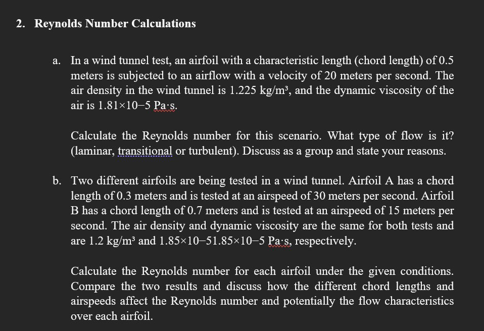 Reynolds Number Calculationsa. ﻿In a wind tunnel | Chegg.com
