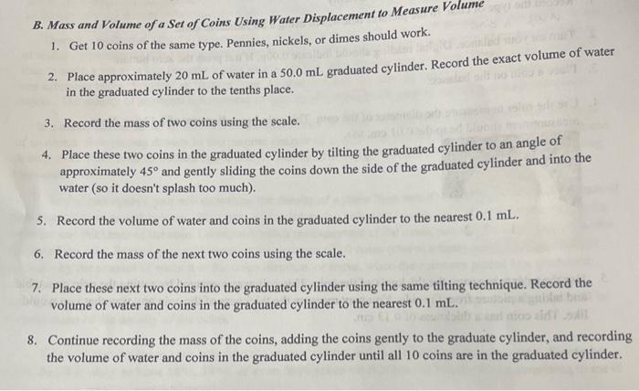 Solved B. Mass and Volume of a Set of Coins Using Water | Chegg.com