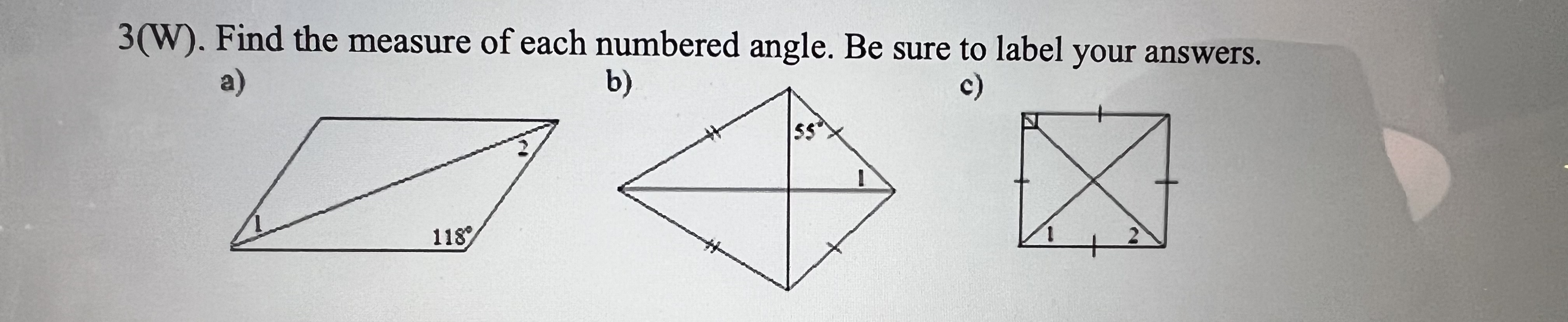 Solved 3(W). ﻿Find the measure of each numbered angle. Be | Chegg.com