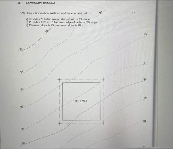 Solved 3-9) Draw a horse-shoe swale around the concrete pad. | Chegg.com