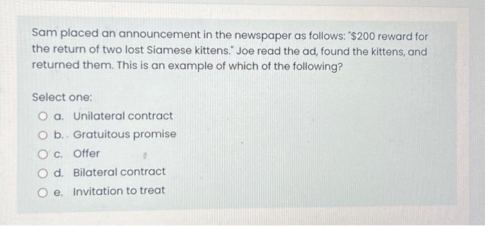 Solved Sam placed an announcement in the newspaper as | Chegg.com