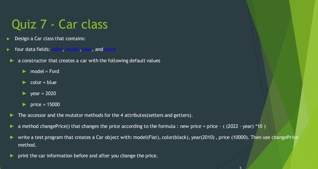 Solved Design a Car class that contains: four data | Chegg.com