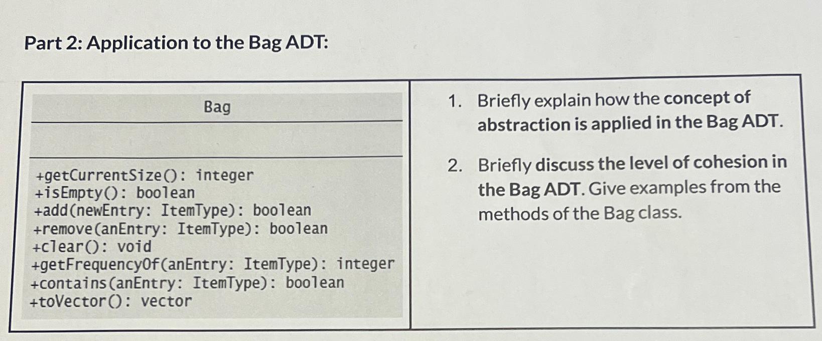 Solved Part 2: Application to the Bag ADT:\table[[Bag,1. | Chegg.com Solved Part 2: Application to the Bag ADT:\table[[Bag,1. | Chegg.com