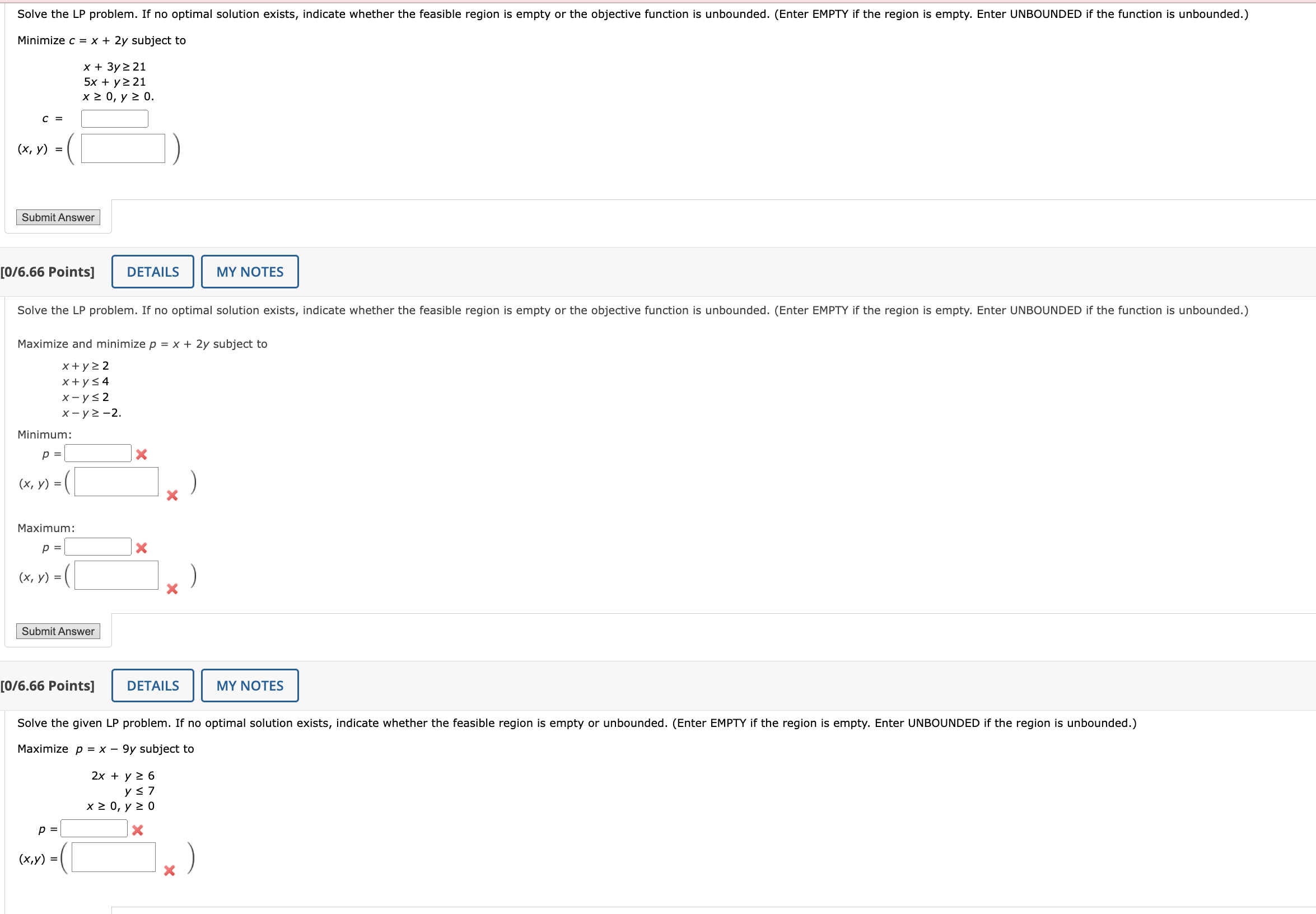 Solved Minimize c=x+2y ﻿subject to[0/6.66 ﻿Points]Maximize | Chegg.com