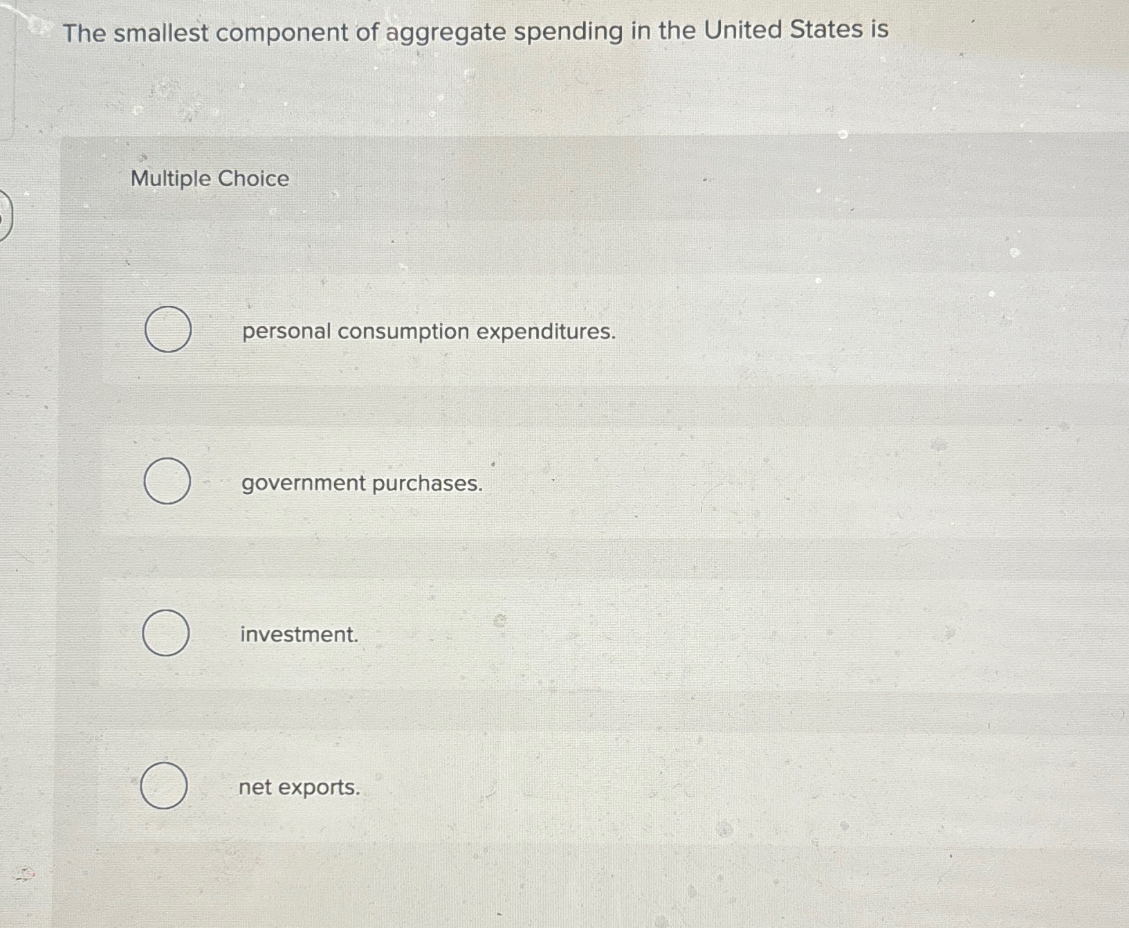 Solved The smallest component of aggregate spending in the | Chegg.com