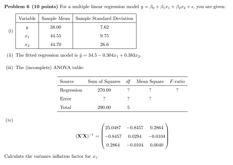 Problem 6 (10 ﻿points) ﻿For a multiple linear | Chegg.com