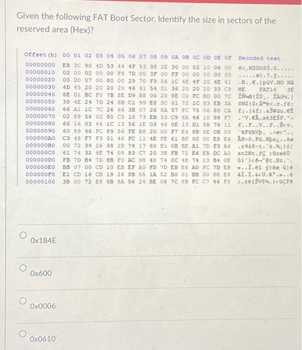 Given the following FAT Boot Sector, Identify the | Chegg.com