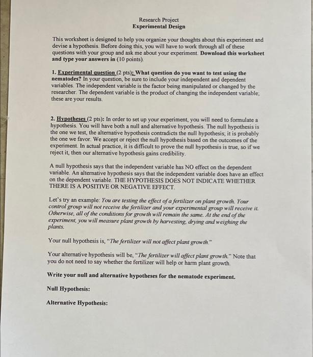 Research Project Experimental Design This worksheet | Chegg.com