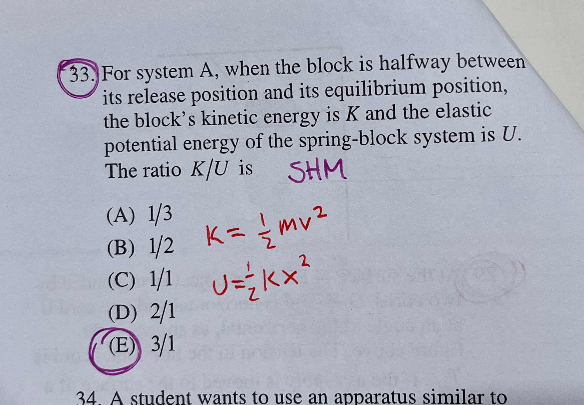 Solved For system A, ﻿when the block is halfway between its | Chegg.com