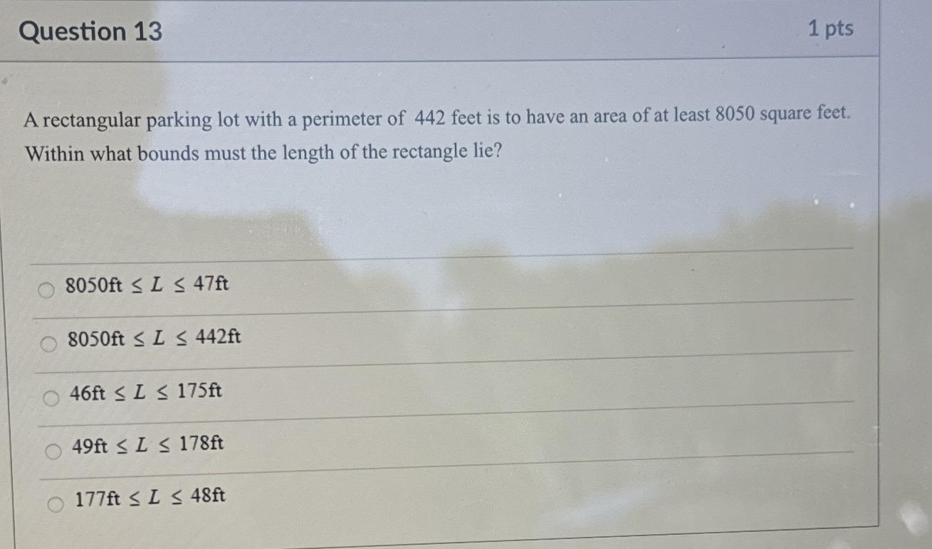 Solved Question 131 ﻿ptsA rectangular parking lot with a | Chegg.com