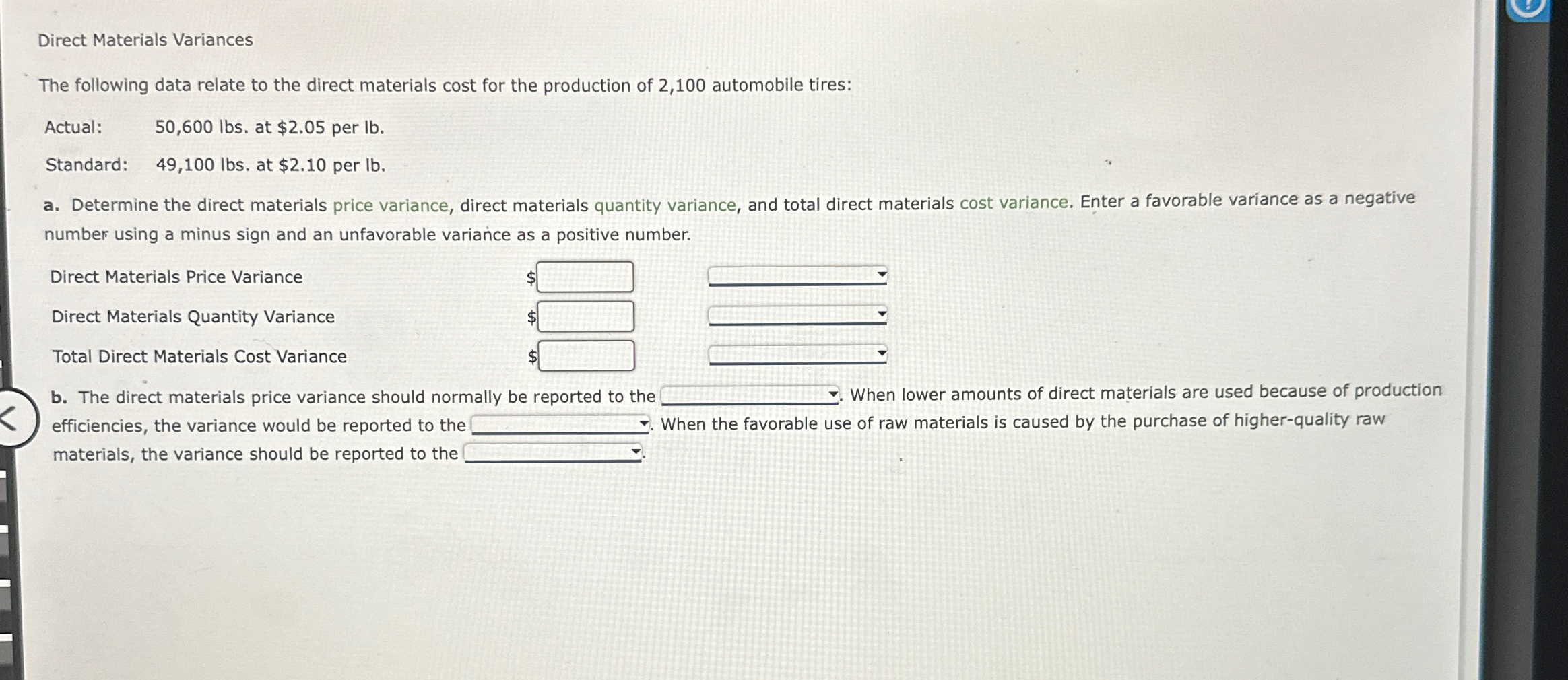 Solved Direct Materials VariancesThe following data relate | Chegg.com