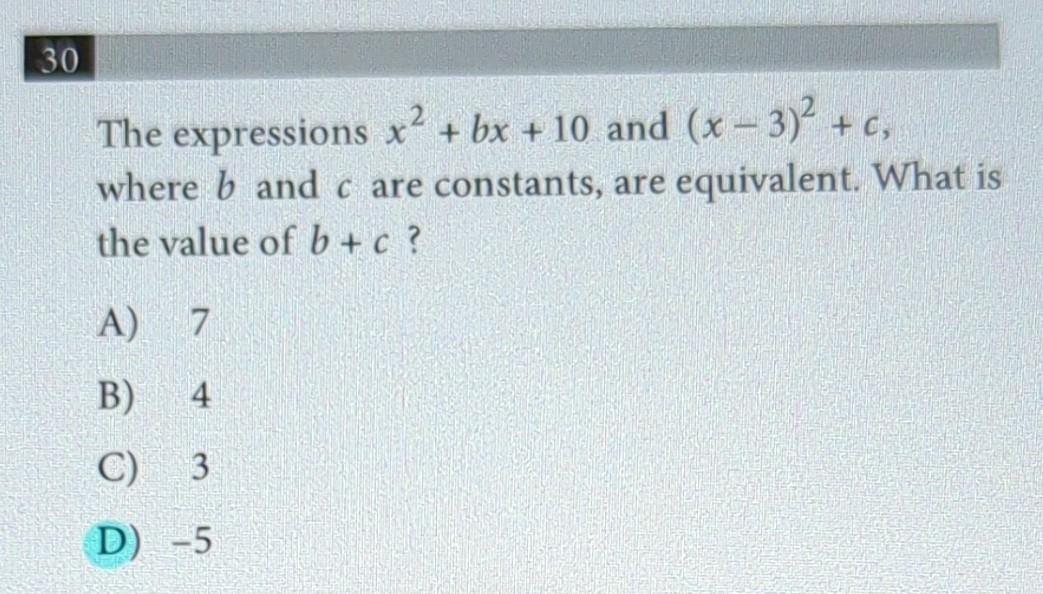 Solved The expressions x2+bx+10 and (x−3)2+c where b and c | Chegg.com