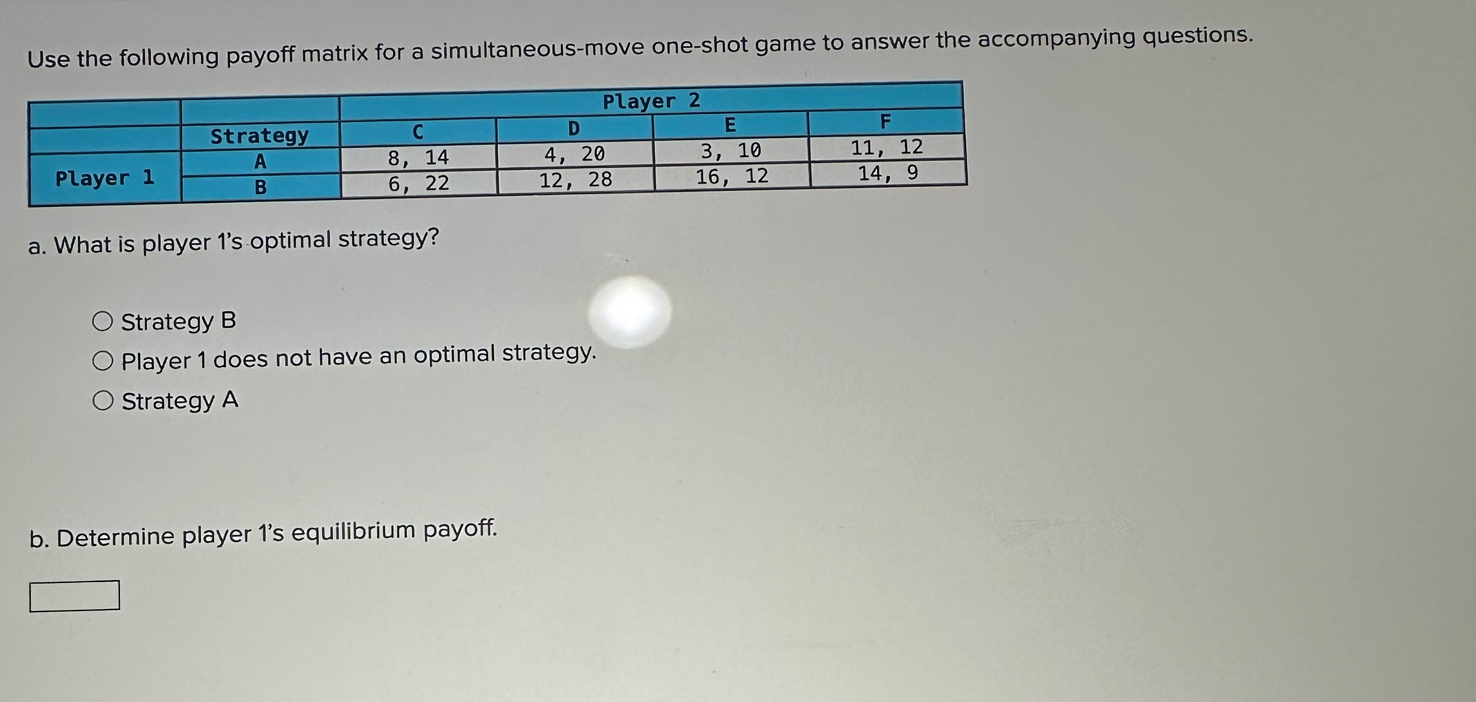 Solved Use the following payoff matrix for a | Chegg.com