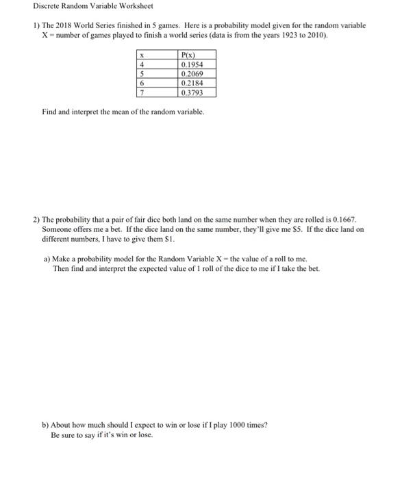 Solved Discrete Random Variable Worksheet 1) The 2018 World | Chegg.com