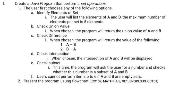 Solved I. Create a Java Program that performs set | Chegg.com