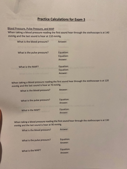 Solved Practice Calculations for Exam 3 Blood Pressure Pulse | Chegg.com