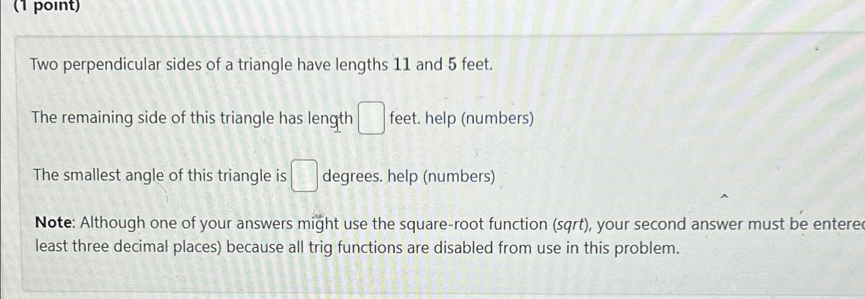Solved Two perpendicular sides of a triangle have lengths 11 | Chegg.com