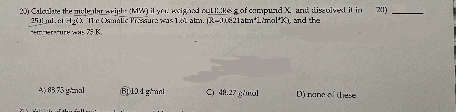 Solved Calculate the moleular weight (MW) ﻿if you weighed | Chegg.com