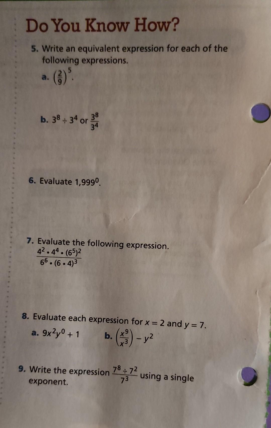 Solved a. (92)5 b. 38÷34 or 3438 6. Evaluate 1,999° 7. | Chegg.com