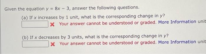 Solved Given the equation y = 8x - 3, answer the following | Chegg.com