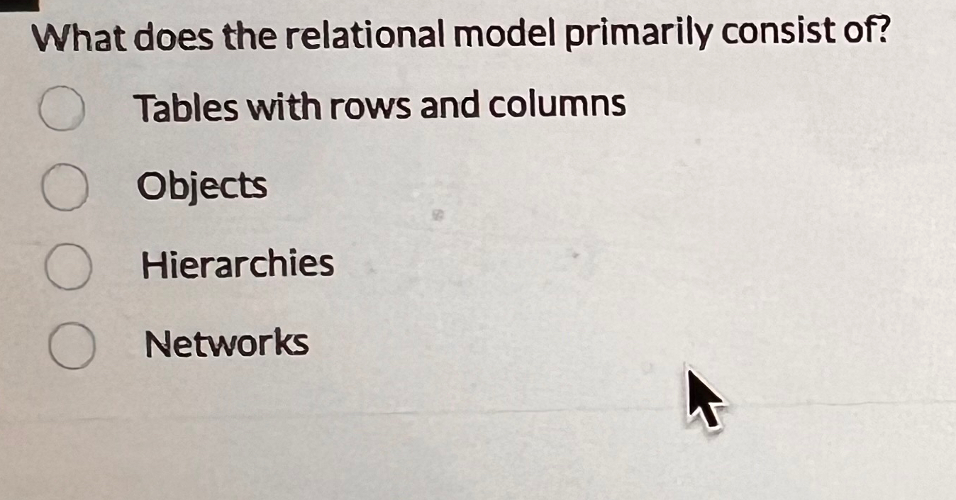 Solved What does the relational model primarily consist | Chegg.com