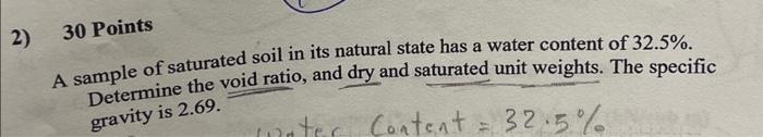 Solved 30 Points A sample of saturated soil in its natural | Chegg.com
