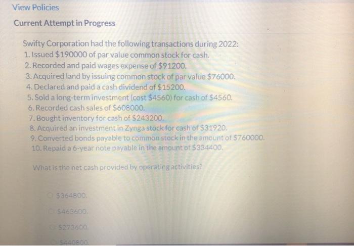 Solved View Policies Current Attempt in Progress Swifty | Chegg.com