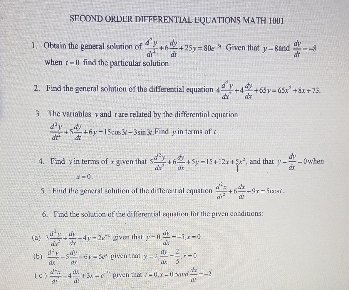 Solved SECOND ORDER DIFFERENTIAL EQUATIONS MATH 1001 1. | Chegg.com